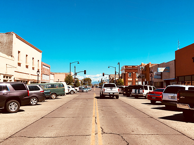 Safford's sun-drenched main street offers small-town shopping with mountain majesty as a backdrop.