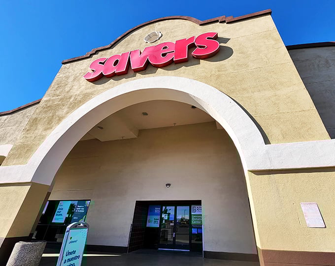 This Savers location's distinctive arch welcomes you like an old friend. The thrill of the hunt begins here!