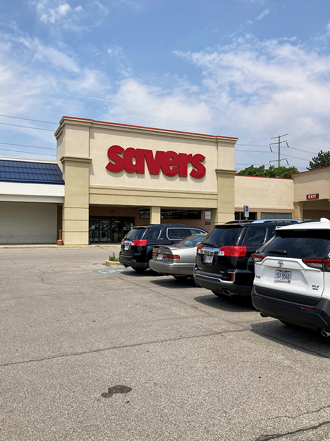 The bold red Savers sign promises a department store experience at thrift store prices. Your wallet will thank you later!