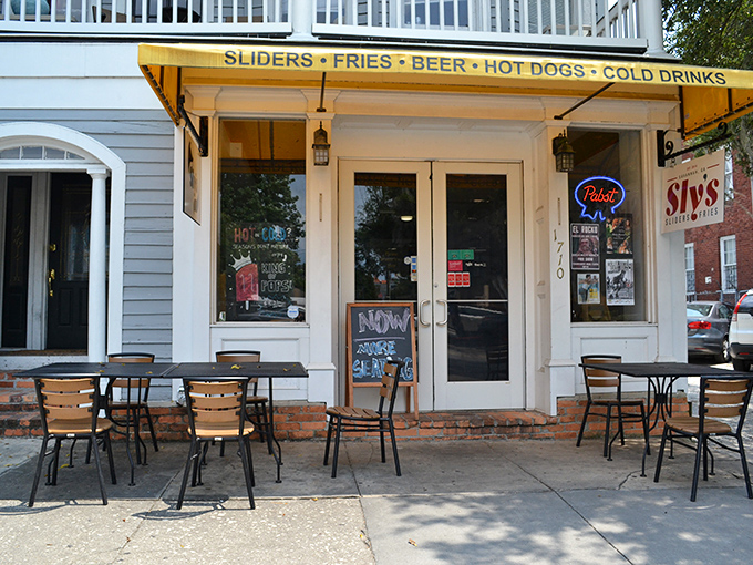 Sly's charming storefront offers a taste of Savannah's slider scene. Those outdoor tables whisper promises of mini burger magic.