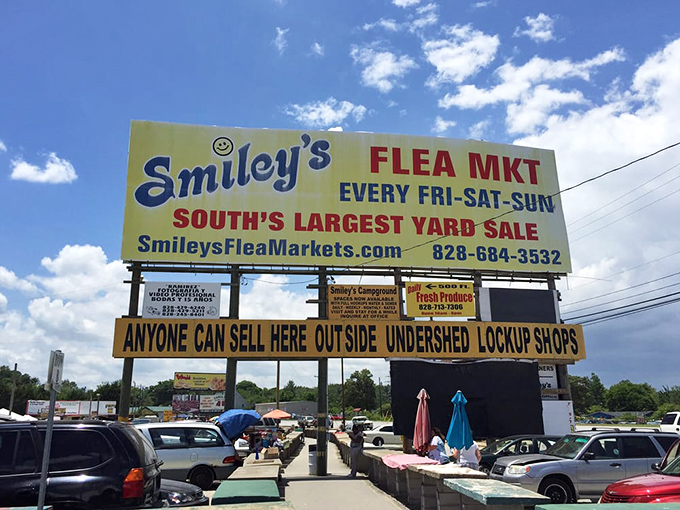 Smiley's bold yellow sign delivers on its promise. With "South's Largest Yard Sale," they're not just bragging&mdash;they're stating facts!