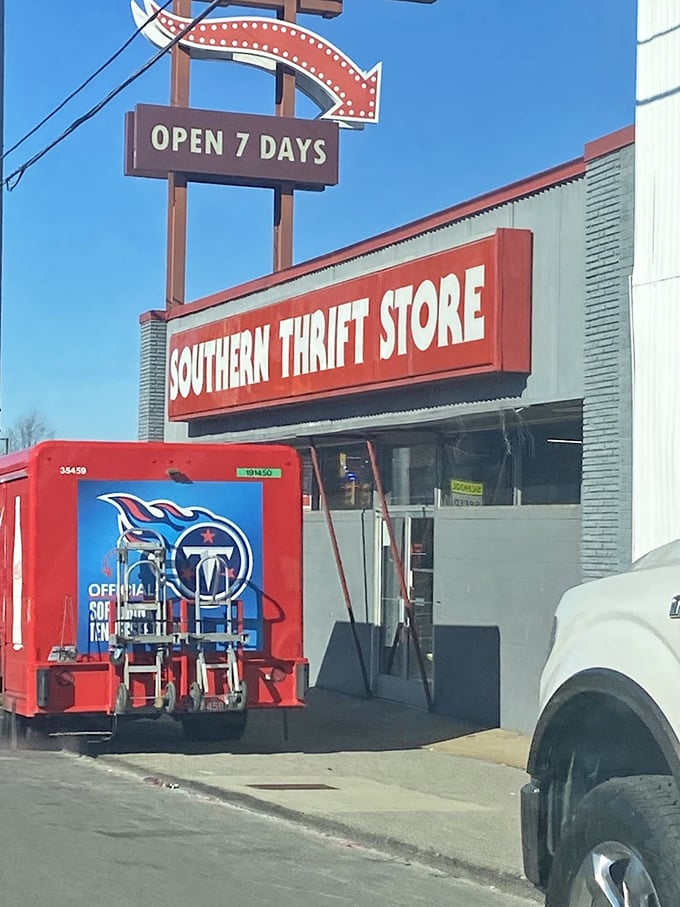 Southern Thrift's vintage sign beckons like an old friend. That arrow points to savings that would make your grandmother proud!