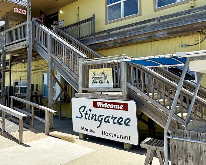Stingaree's weathered staircase has carried thousands of hungry folks toward seafood nirvana. Each step brings you closer to fried perfection.