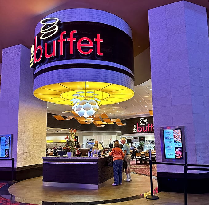 The Buffet's glowing entrance at MGM Northfield Park looks more like a Vegas hotspot than your grandma's buffet joint.