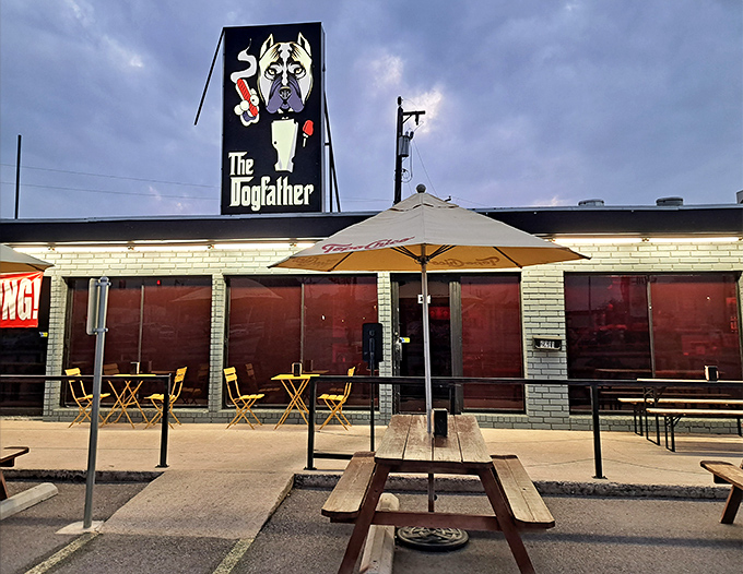 The Dogfather's clever canine mascot makes an offer your taste buds can't refuse at this San Antonio hot dog headquarters.