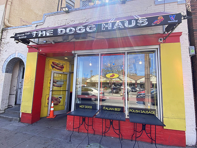 The Dogg Haus brings a splash of sunshine to Milwaukee with its vibrant yellow facade. That extra 'g' is for "gotta try it!"