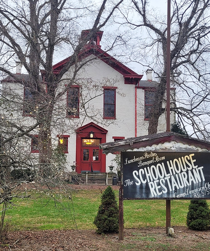 Talk about curb appeal with a story - this former schoolhouse turned restaurant looks like something from a Norman Rockwell painting.