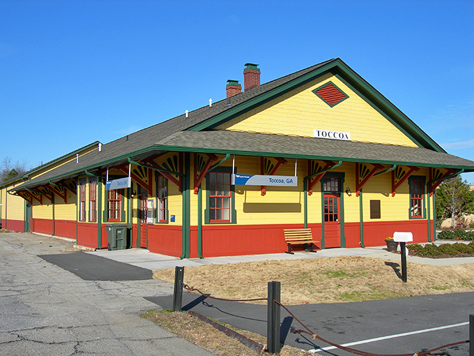 All aboard the savings train! Toccoa's vibrant yellow depot stands as colorfully as your retirement plans when housing costs 30% below average.