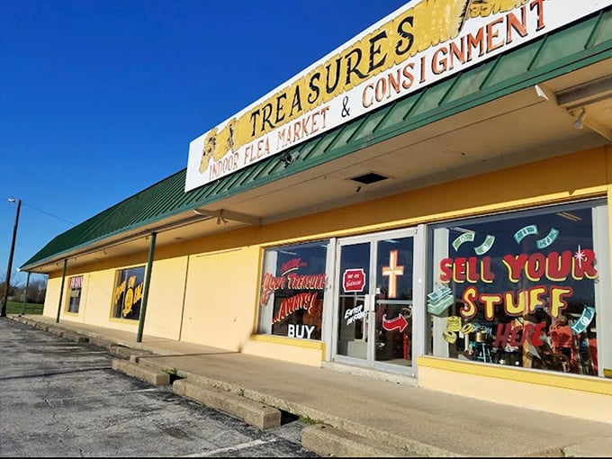 Treasures Indoor Flea Market doesn't mess around with fancy facades. The real magic happens inside those doors!