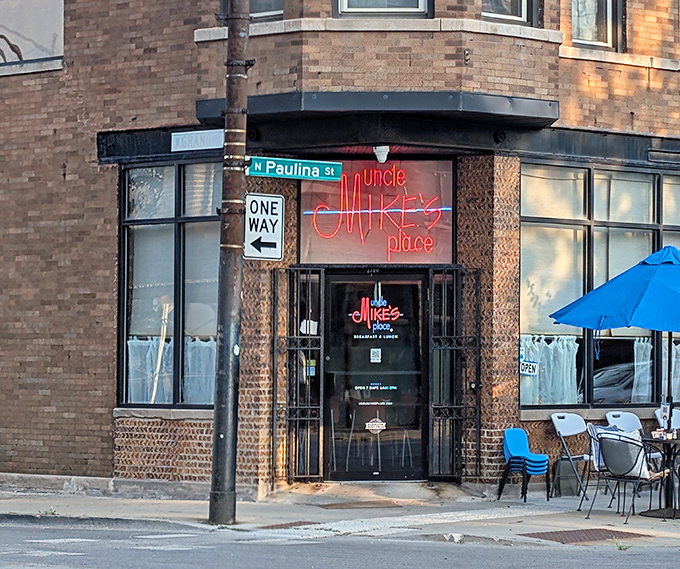 Uncle Mike's Place glows with neon promise at the corner of Paulina Street. A Filipino-American breakfast haven hiding in plain sight.