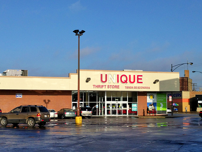 Unique Thrift Store lives up to its name with a rainbow-colored sign promising affordable adventures inside.