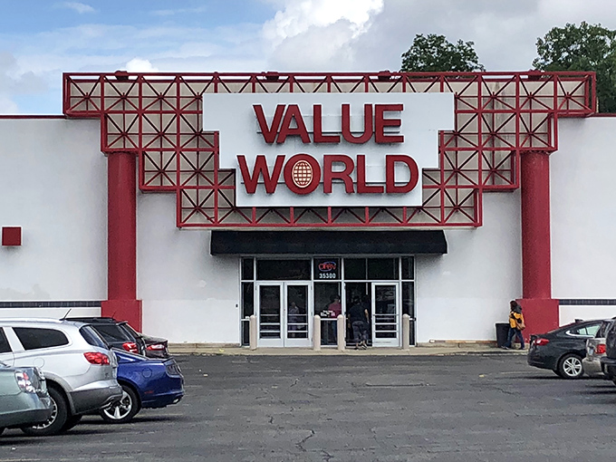 Value World's dramatic red framework entrance stands like a gateway to bargain heaven for dedicated thrifters.