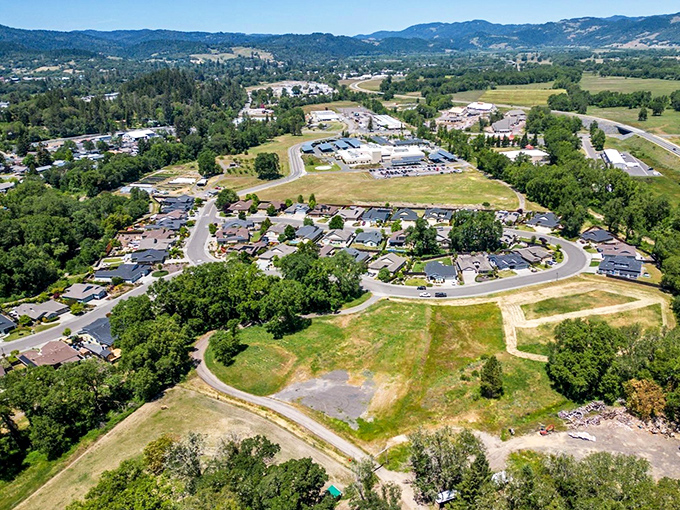 Willits from above reveals a patchwork of neighborhoods nestled among towering pines, where backyards actually have, well, yards.