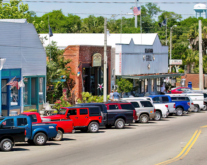 Historic downtown Apalachicola shows off its coastal charm with colorful storefronts, vintage architecture, and palm-lined streets. A classic Gulf Coast vibe!