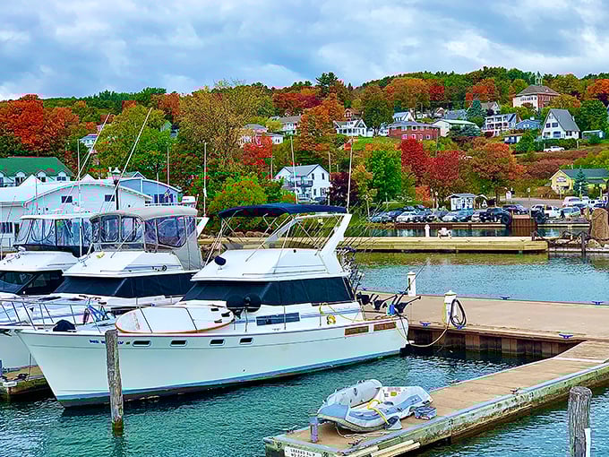 Fall transforms Bayfield into nature's fireworks display, with boats bobbing in the harbor while maple trees compete for who can wear the brightest red.