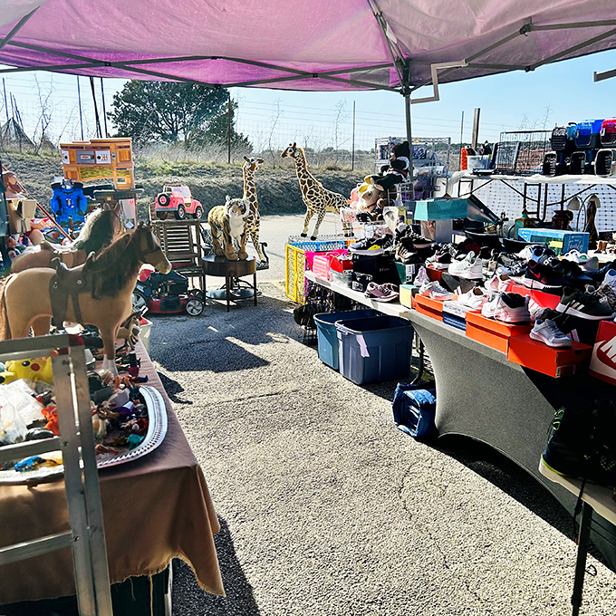 Outdoor vendors at Bussey's display their wares under tents. That giraffe figurine might be exactly what your living room is missing&mdash;or at least that's what you'll tell your spouse!