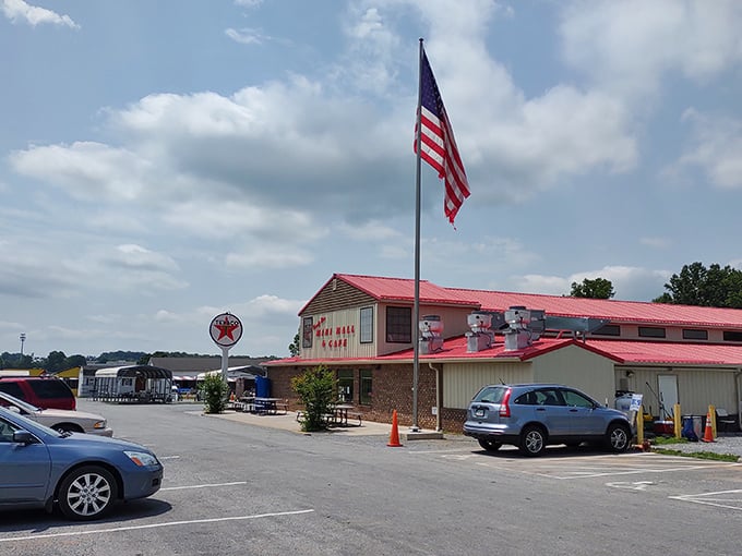 The American flag stands tall at County Line, where shopping local takes on new meaning with every vendor you meet.