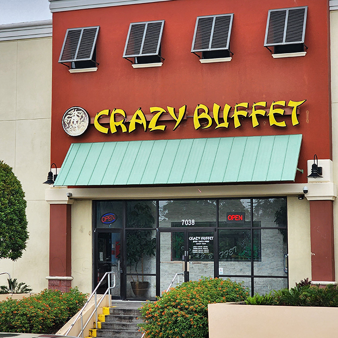 Bold name, bold flavors! Crazy Buffet's vibrant exterior hints at the culinary adventure waiting inside&mdash;where "just one more plate" becomes everyone's mantra. 