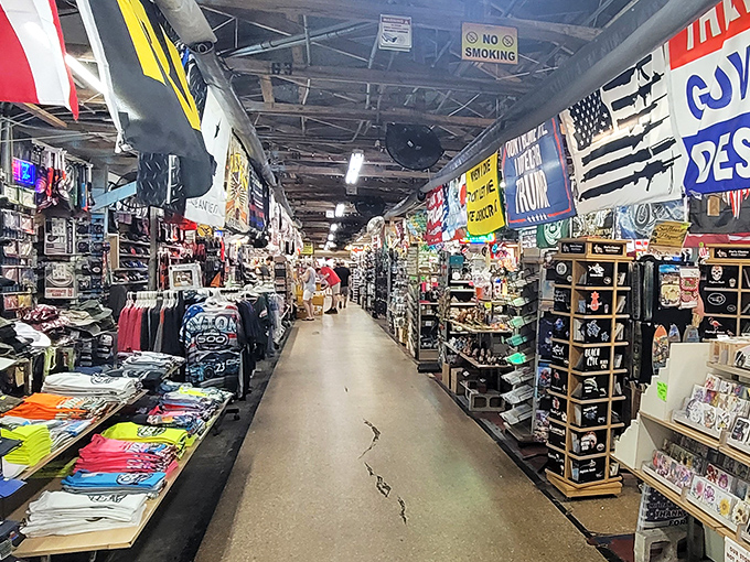 Inside Daytona's market, colorful flags and endless merchandise create a shopper's paradise that rivals the nearby beach for excitement.