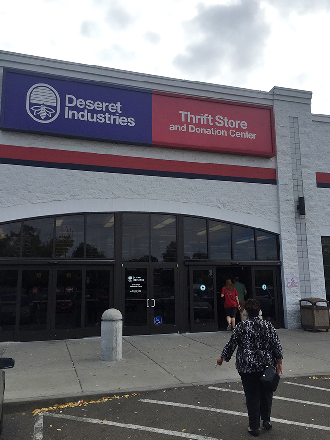 The clean, bright entrance of Deseret Industries welcomes bargain hunters with the promise of treasures waiting just steps away.