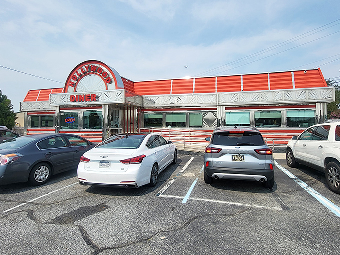 Hollywood Diner: Diner dreams in technicolor! The arched sign beckons like a beacon to breakfast lovers seeking their morning happy ending.