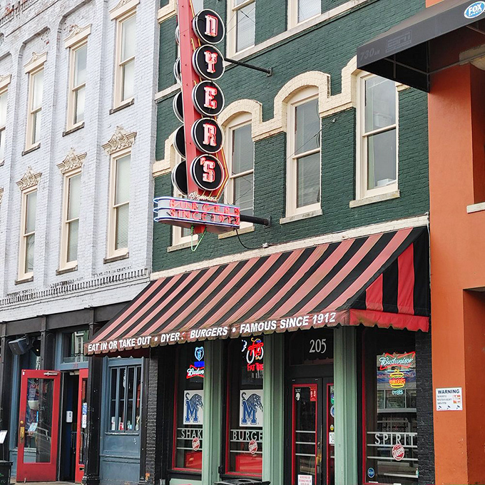 The American flag waves proudly above Dyer's, as if to announce: "The pursuit of happiness includes these legendary burgers!"