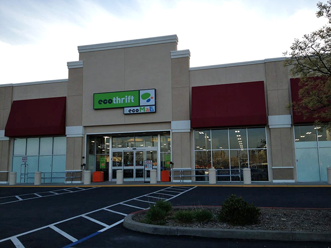 Eco Thrift's no-nonsense exterior hides a wonderland of bargains within. Those red awnings shelter doorways to discount paradise!