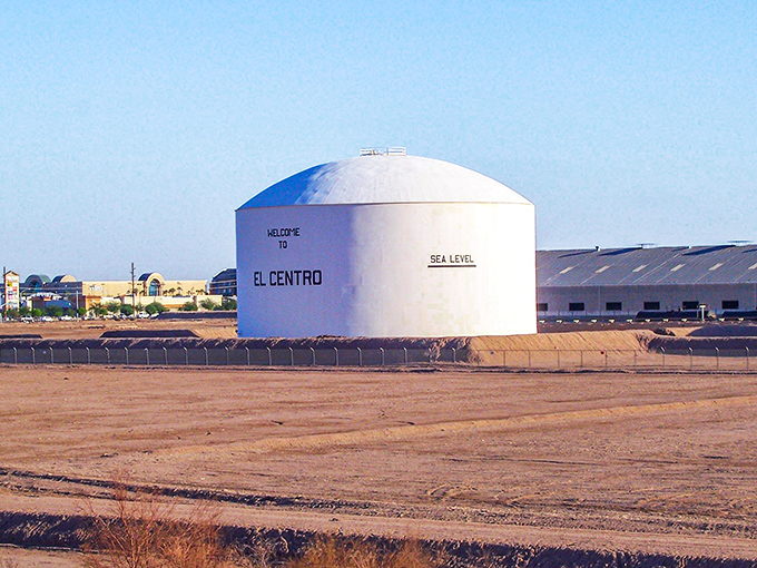 "Welcome to El Centro" and "Sea Level" - this water tower tells you exactly where you stand in life. Literally.