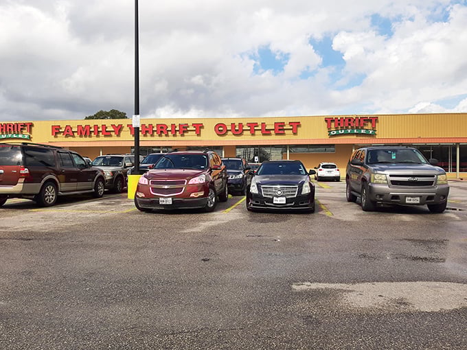 The packed parking lot tells you everything—this isn't just shopping, it's a community event where treasures await behind those yellow walls.
