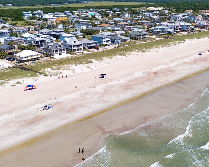 The view from above reveals Fernandina Beach's colorful tapestry of buildings nestled against the blue harbor waters.
