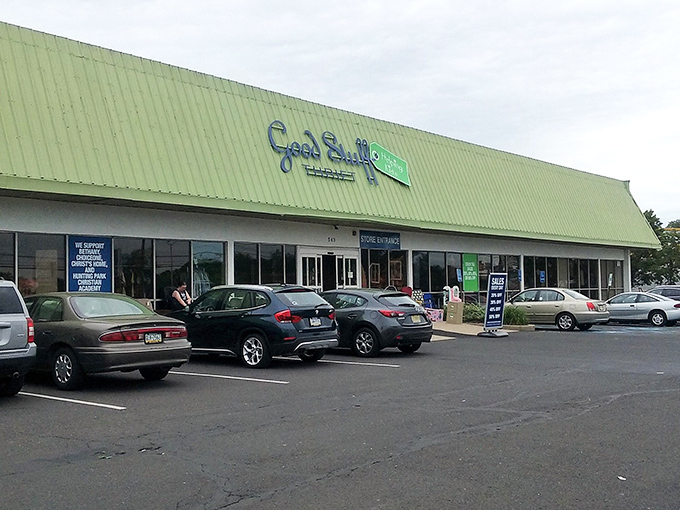 The bright green roof of Good Stuff Thrift stands out like a beacon for bargain hunters cruising down Lincoln Highway.