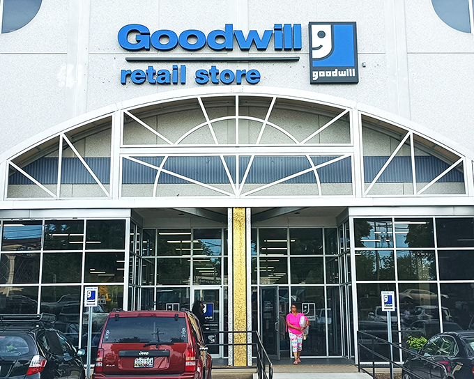 The iconic smiling "g" logo promises more than just bargains. Goodwill's Rockville location is where fashion gets its second chance to shine.