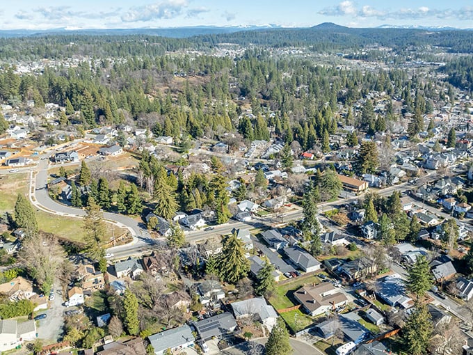 From a bird's eye view, Grass Valley nestles among pine trees like a hidden treasure.