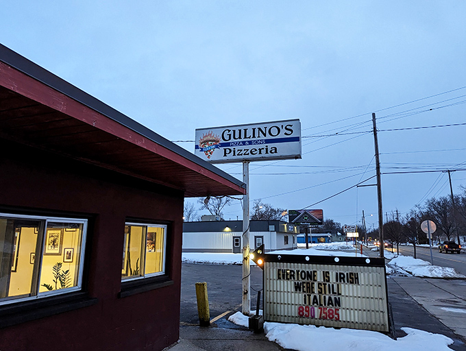 "Everyone is Irish, we're still Italian" &ndash; Gulino's playful sign perfectly captures the welcoming spirit of this Bay City pizza institution.