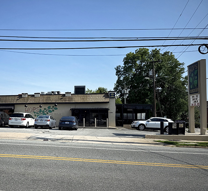 Sunlight bathes Hops Burger Bar's storefront, where craft beer meets artisanal burgers in perfect harmony.