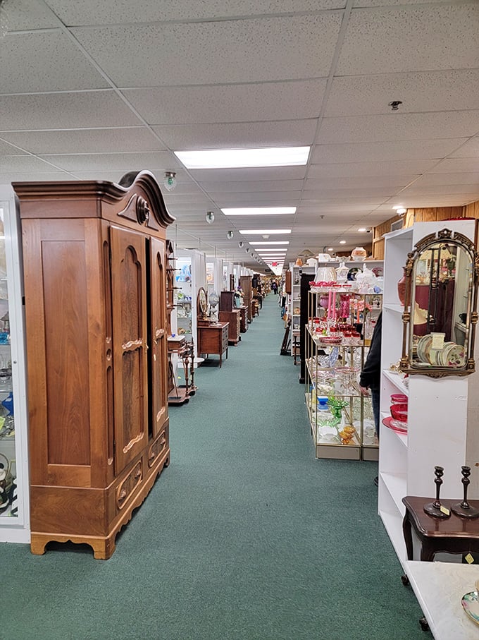 Wooden treasures and vintage cabinets create a maze of possibilities. That armoire has seen more history than your high school textbook.