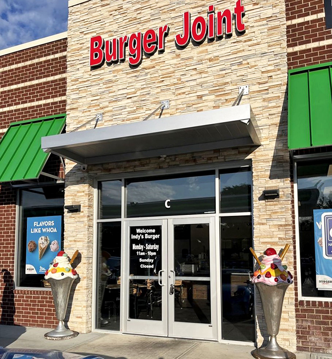 Classic burger joint aesthetics with a touch of modern flair. The vintage yellow Beetle parked outside completes the nostalgic vibe.