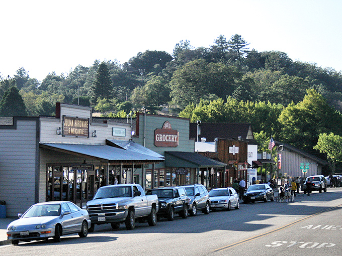 Summer blooms frame Julian's historic buildings. The only traffic jam here happens when two people want the last slice of pie.