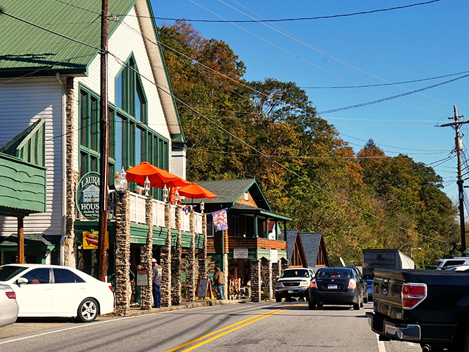 The charming shops of Lake Lure stand ready for visitors, with the forested mountains playing backdrop to this vacation gem.