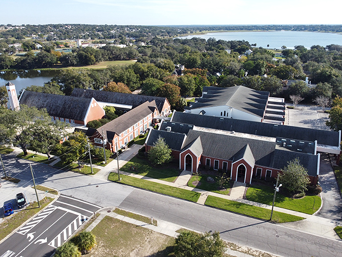 Aerial views reveal a community nestled among lakes like scattered blue jewels.