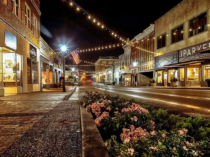 Evening lights transform Laurel's main drag into a magical small-town scene that would make Jimmy Stewart feel right at home.
