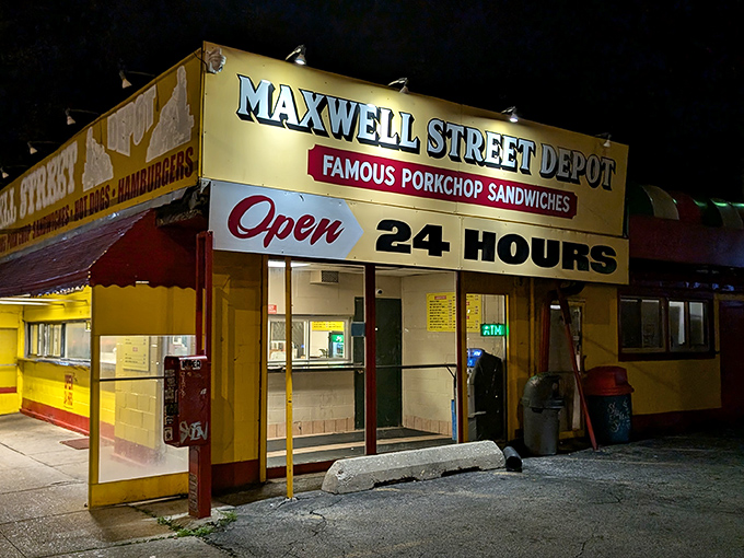 Maxwell Street Depot after dark—where night owls and early birds cross paths over surprisingly excellent seafood.