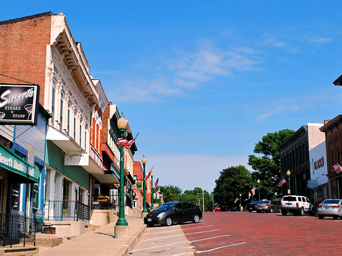 Brick streets and historic storefronts in Mount Carroll - where even the parking spots feel like they have stories to tell.