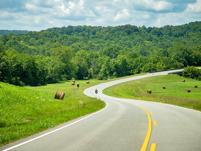 Motorcyclists' heaven! The Natchez Trace Parkway Bridge arcs gracefully over Tennessee's rolling countryside like a concrete rainbow.