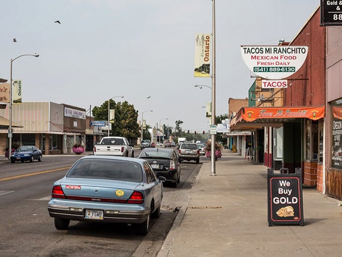 That Mexican restaurant sign promises authentic flavors in this border town where your dollar stretches further.