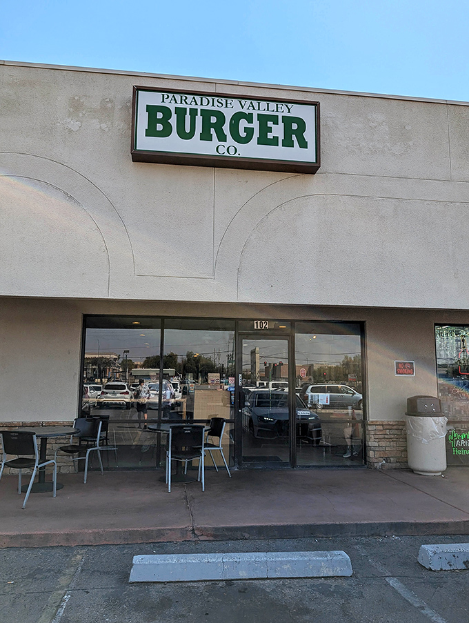 Clean lines and simple signage - like a burger minimalist painting that hides a masterpiece of flavor inside.