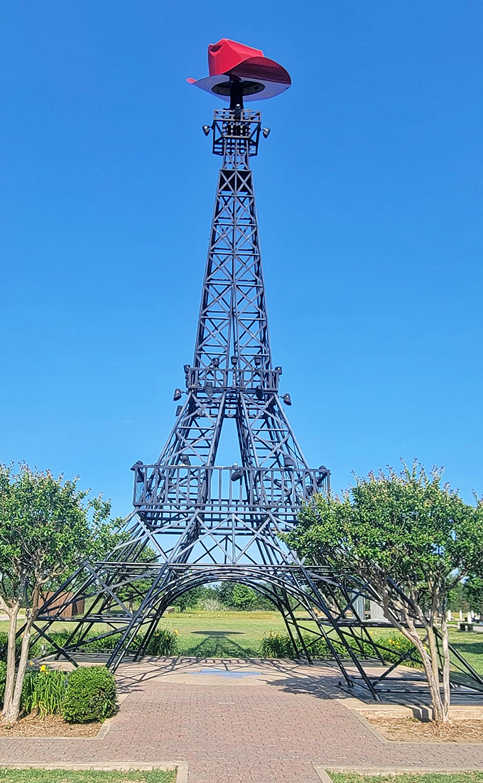 Who needs Paris, France, when Paris, Texas, has this? A mini Eiffel Tower with a Texas twist&mdash;complete with a red cowboy hat!