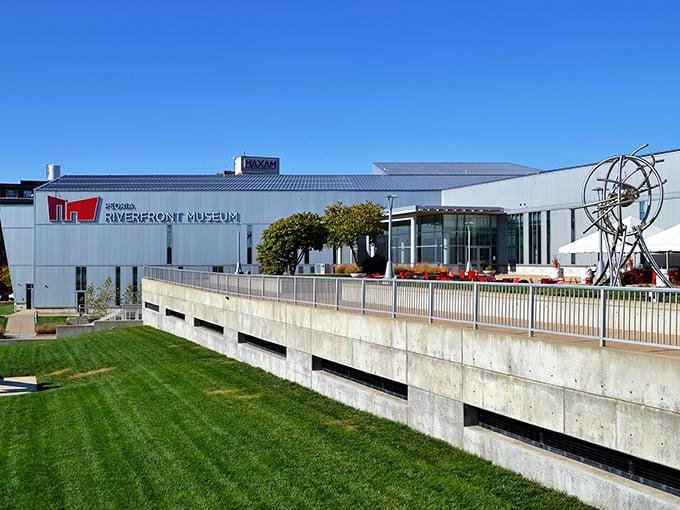 Peoria's Riverfront Museum gleams like a modern jewel set against the timeless flow of the Illinois River.