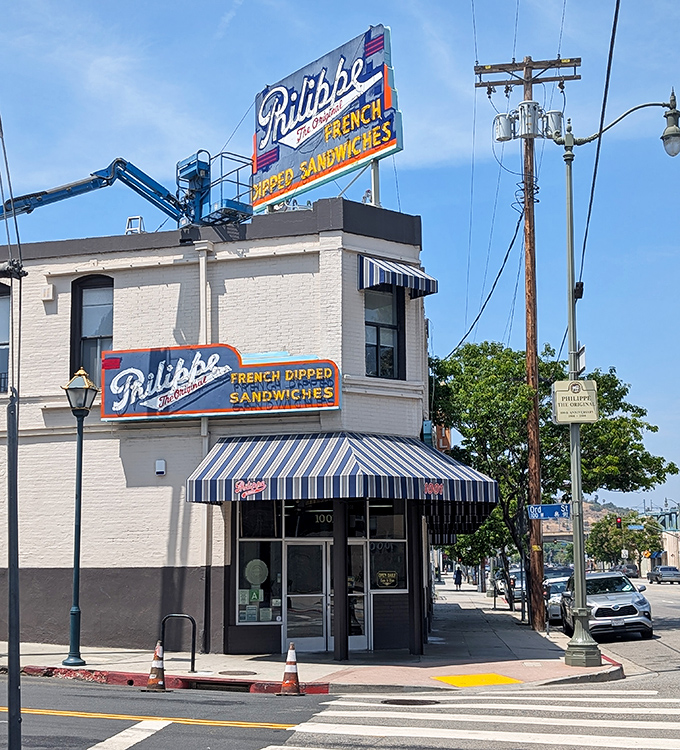 The blue and white awnings of Philippe's hide a sawdust-floored wonderland where French dipped sandwiches reach their highest form.