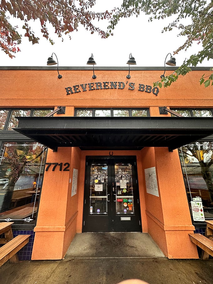 The entrance to Reverend's BBQ promises a religious experience for your taste buds. Prepare for a smoky sermon!